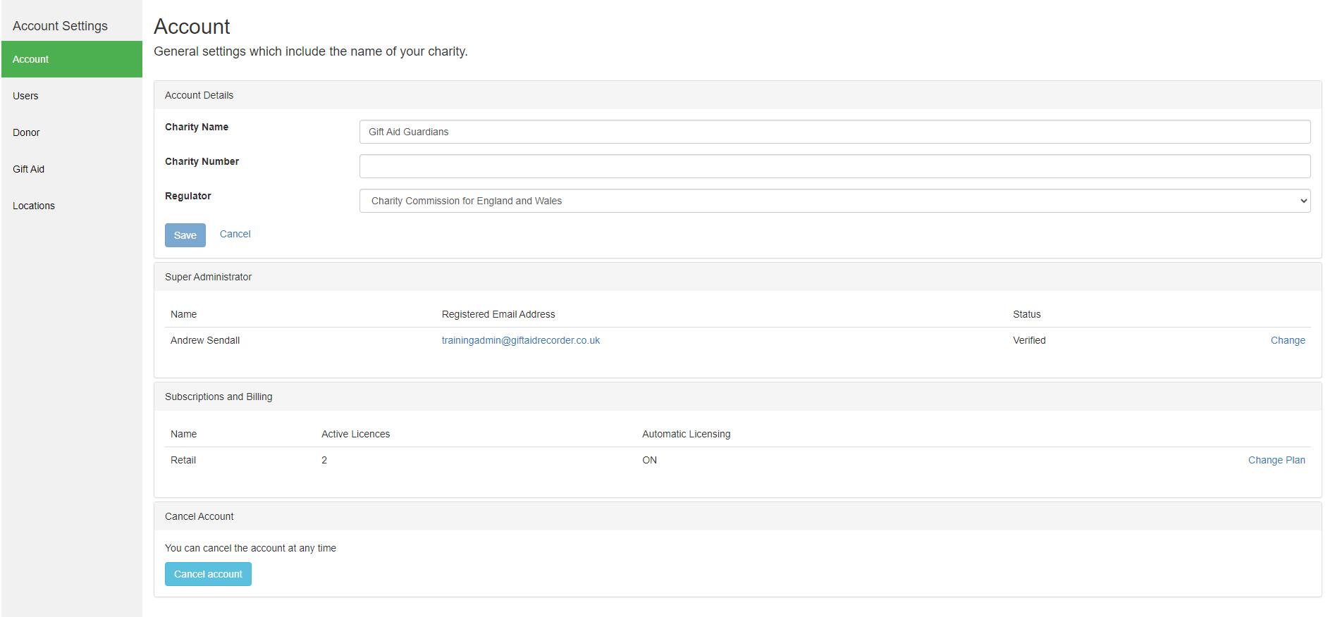 Account Settings – Gift Aid Recorder Support.